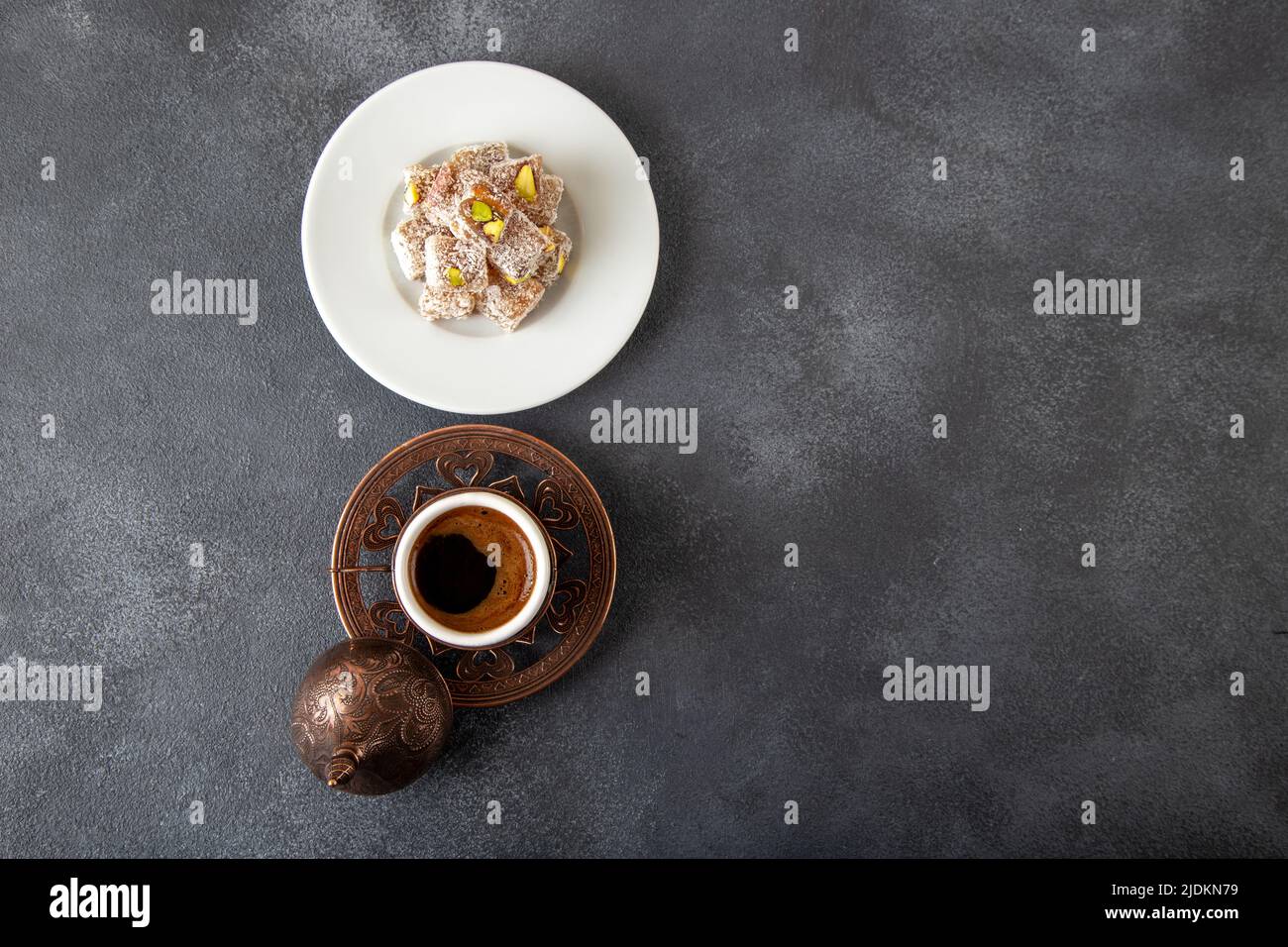 Traditional pistachio Turkish delight and Turkish coffee, top view ...