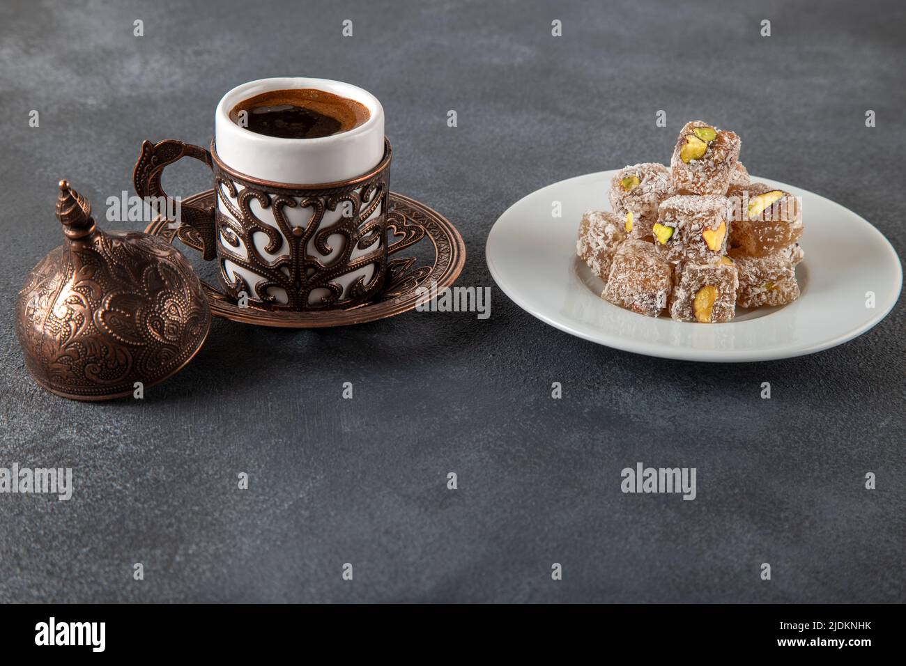 Traditional pistachio Turkish delight and Turkish coffee, top view ...