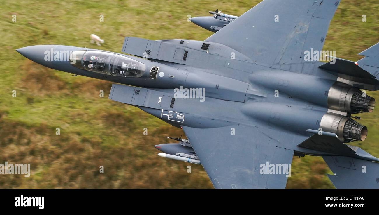 F15E flying low level in Mid Wales Stock Photo - Alamy