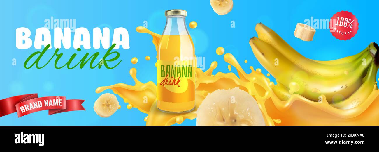 Natural banana drink horizontal poster with fresh fruits splashes and ...