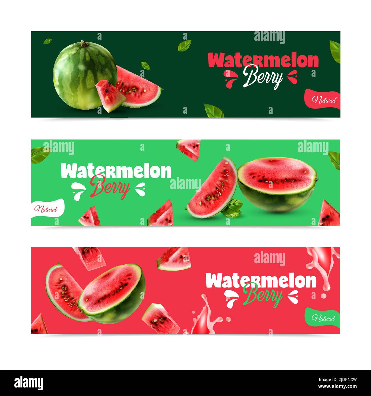Watermelon horizontal banners with whole and chopped striped fresh ...