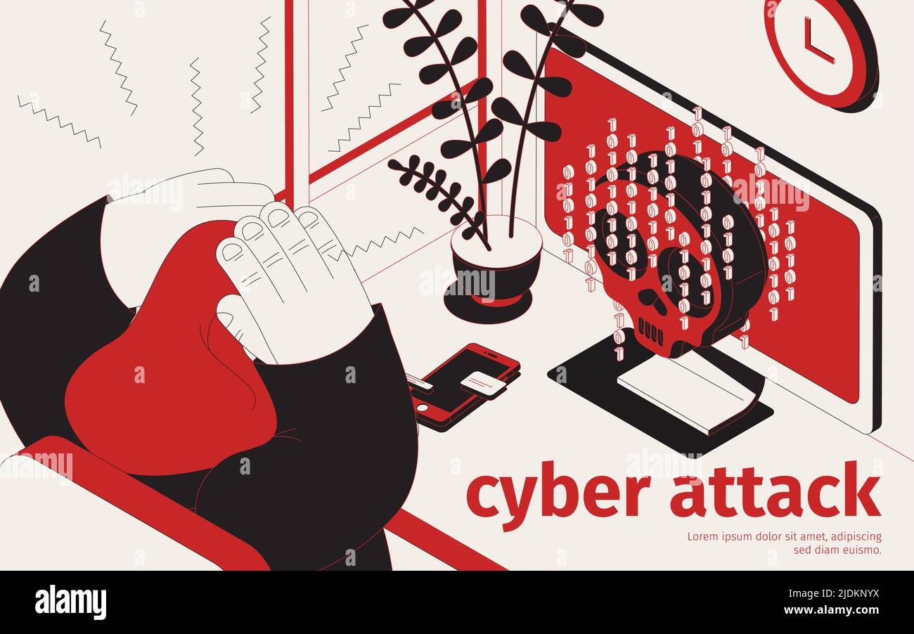 Cyber threat weapon virus isometric background with view of workplace ...