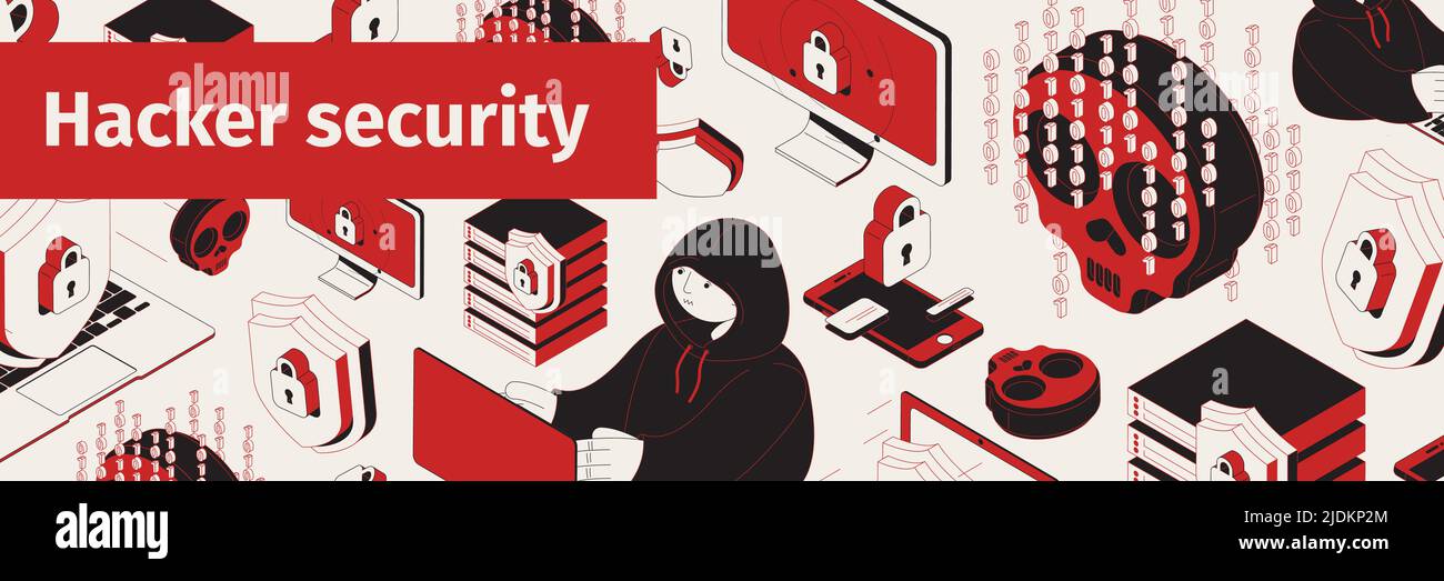 Hacker Security Site Isometric Composition With Text And Isolated Icons