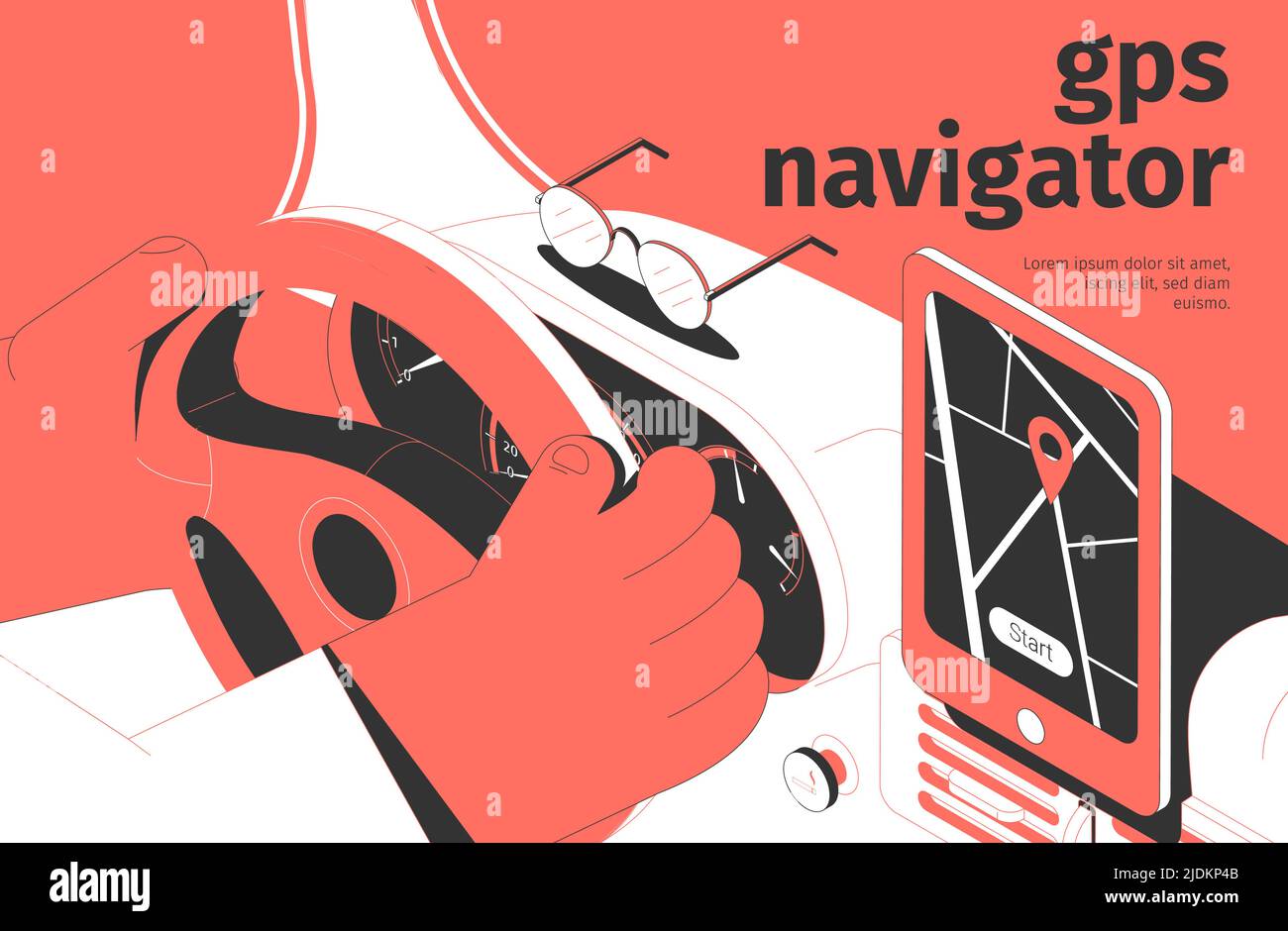 Gps navigator isometric background with view of car compartment with ...