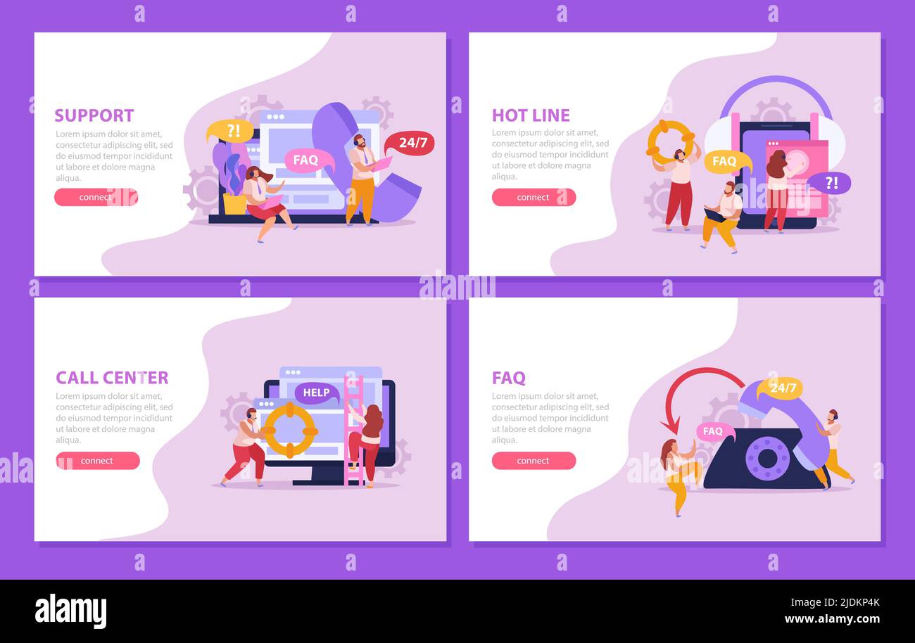 Online support service horizontal banners set with call center workers isolated vector ...