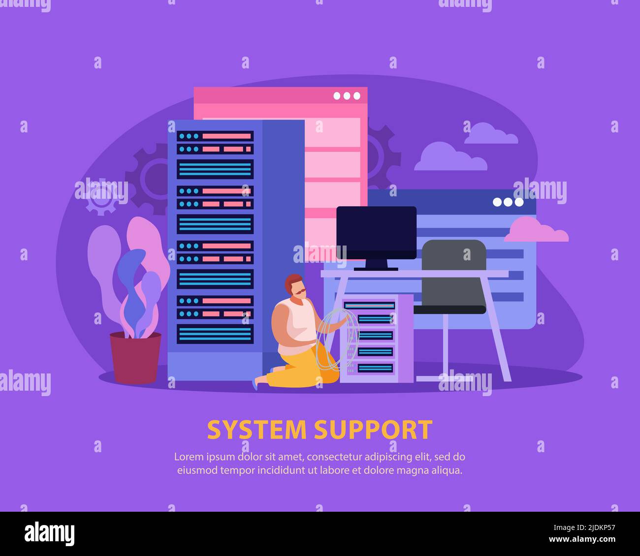 Flat background with man system administrator doing technical work at ...