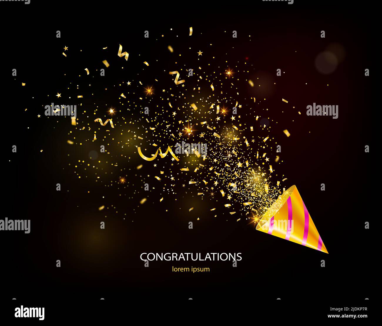 Realistic party popper exploding with golden serpentine and sparkles on ...