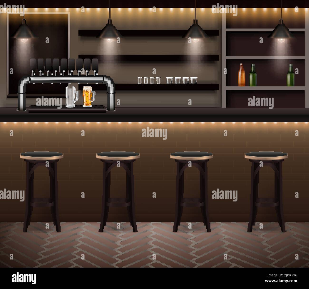 Pub trendy interior with bar stools row near counter desk equipped with ...