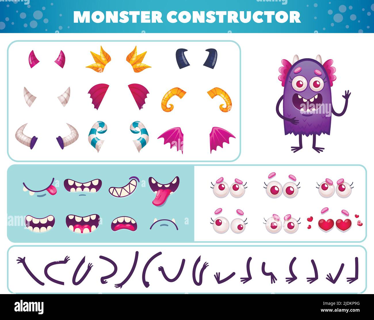 Cartoon monster emoticons set with face mask elements and constructor ...