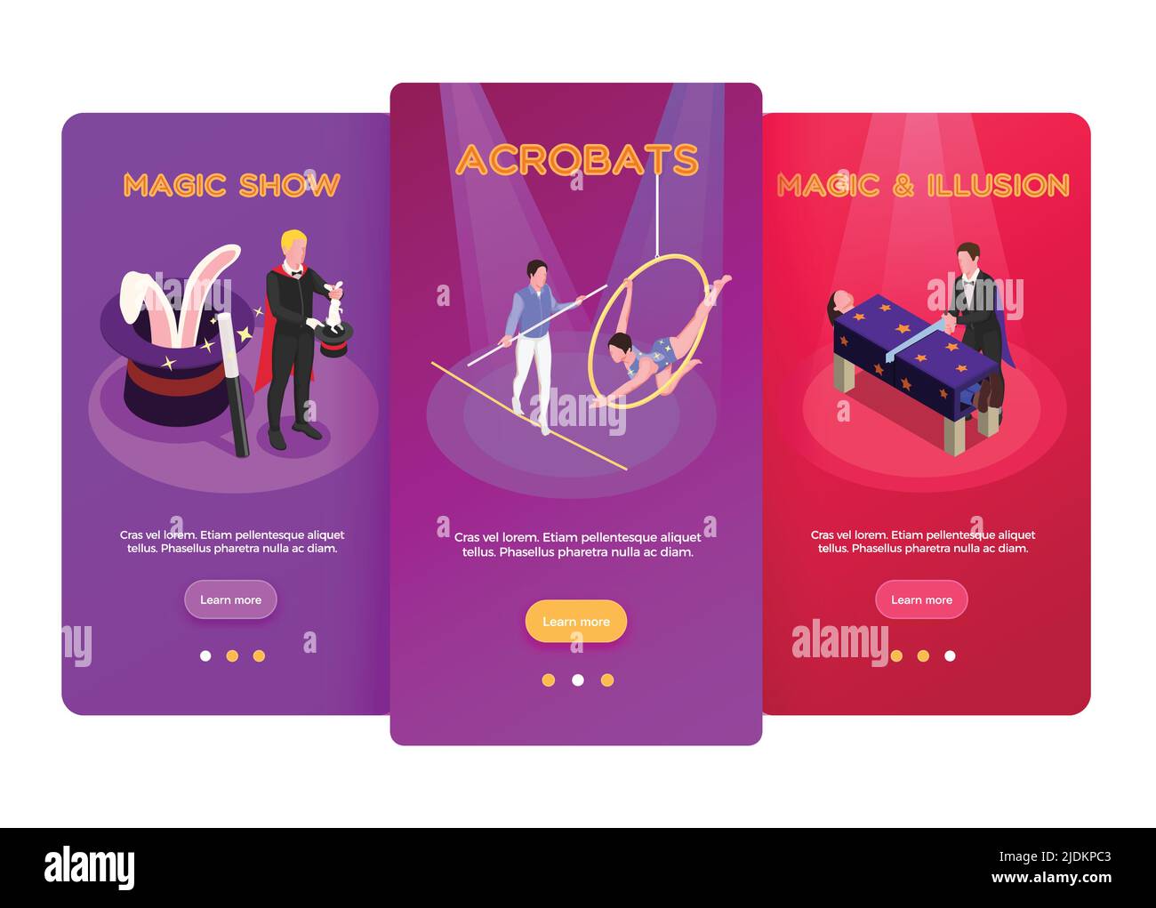 Circus isometric vertical banners set with acrobats and magic show ...
