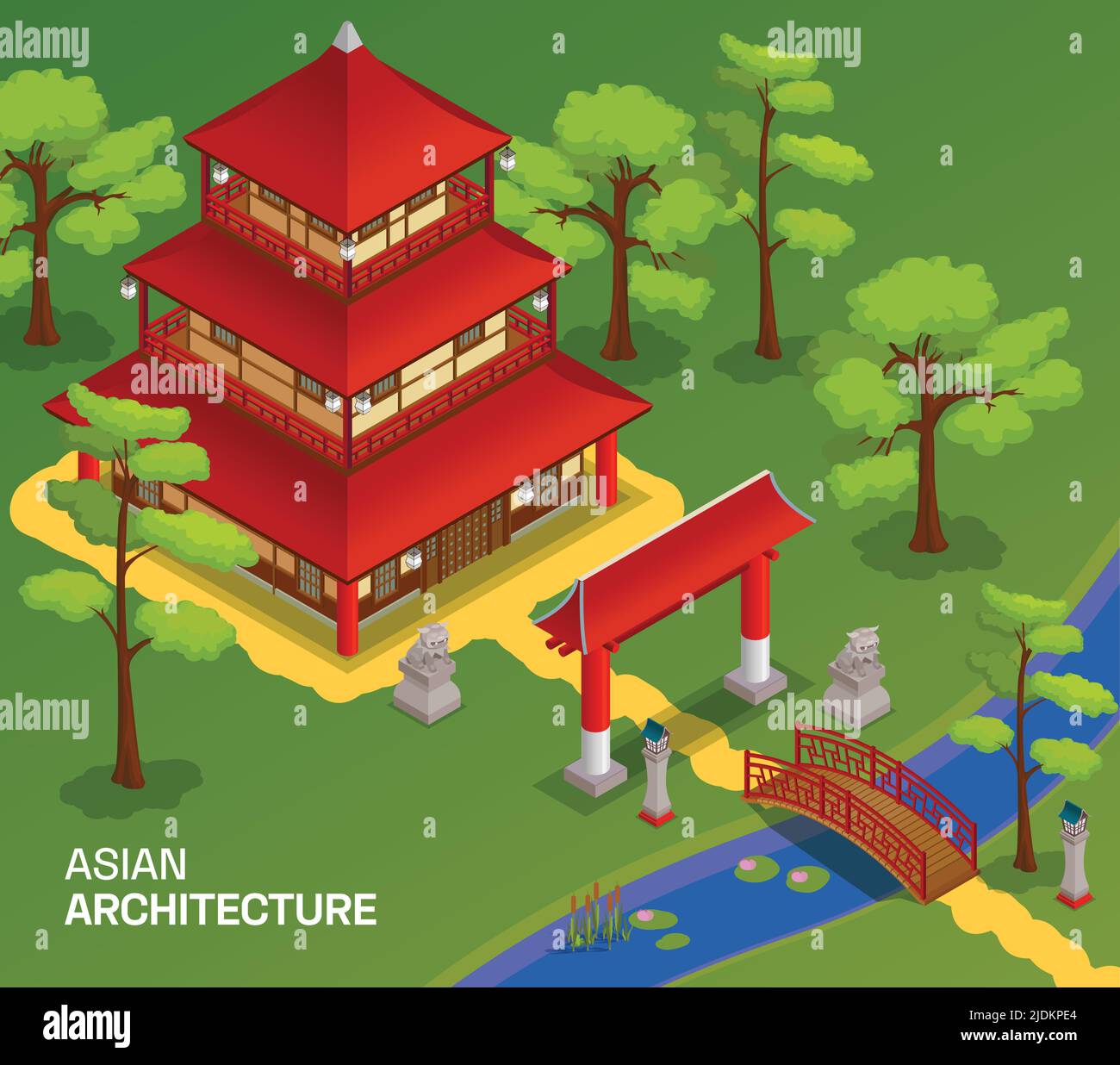 Asian buildings poster with oriental architecture symbols isometric ...