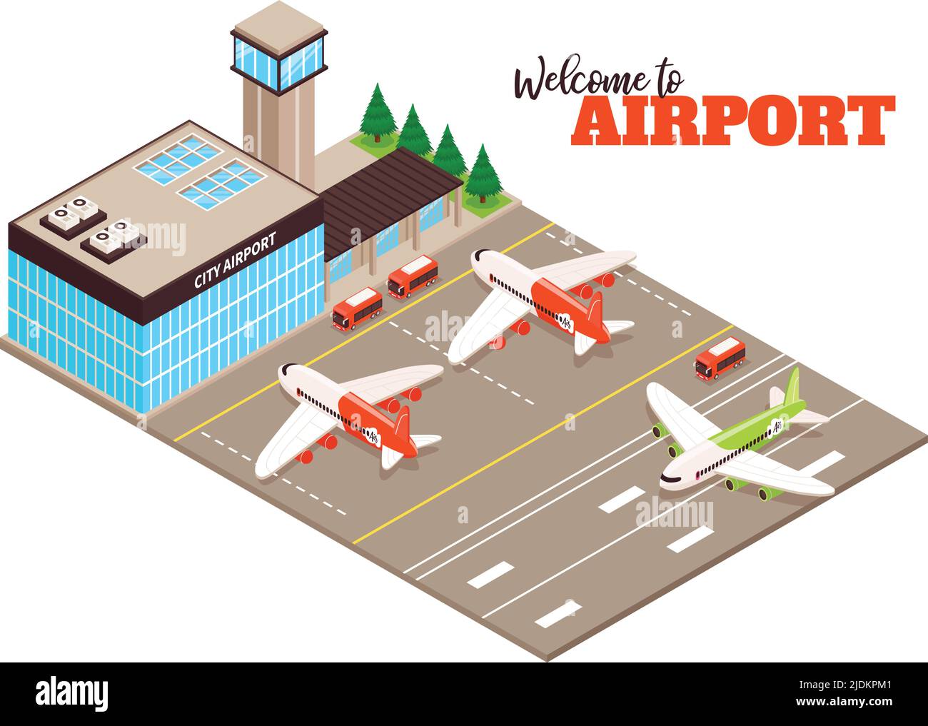 City airport terminal aerodrome outdoor facility isometric composition ...