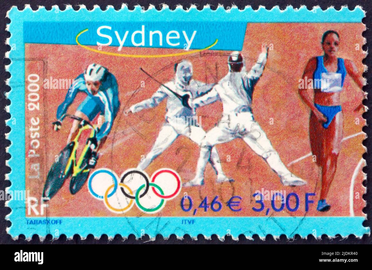 FRANCE - CIRCA 2000: a stamp printed in France shows Cycling, Fencing ...