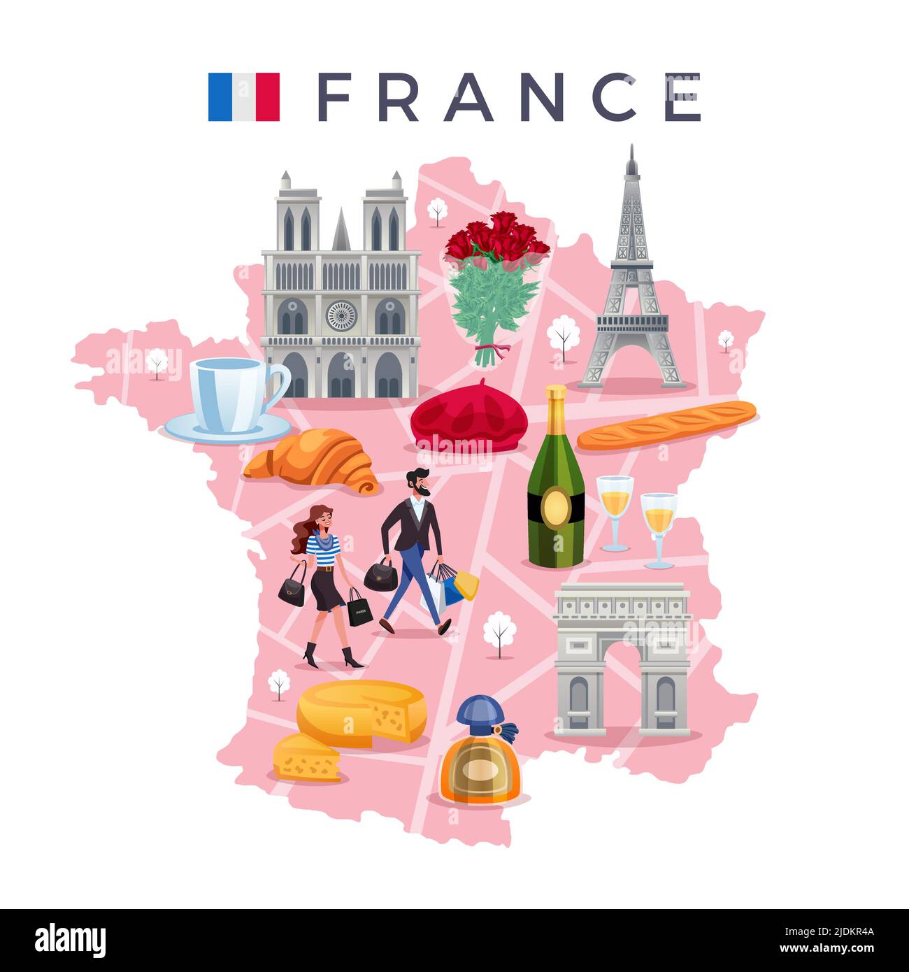 France travel concept with flag map and sights flat vector illustration ...