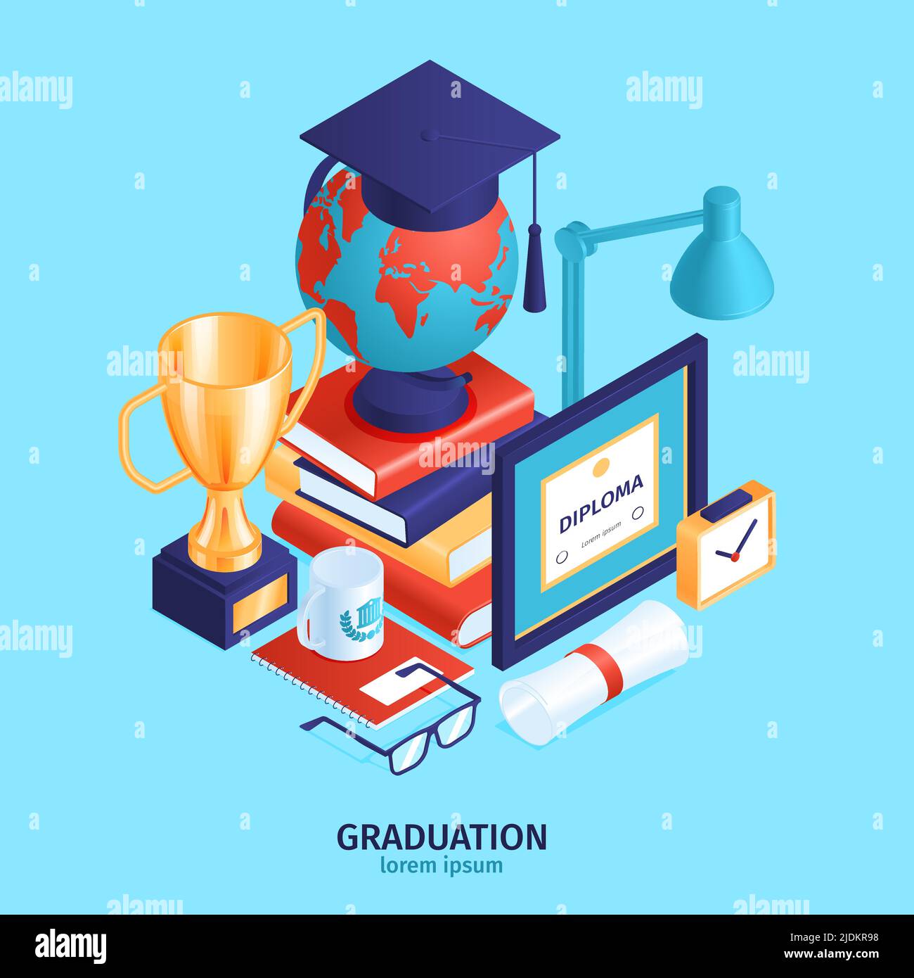 Isometric graduation diploma background composition with editable text ...
