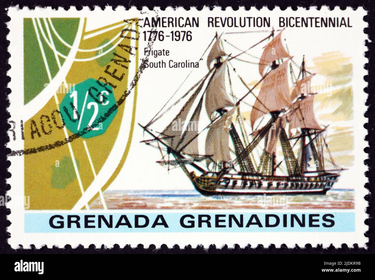 GRENADA AND GRENADINES - CIRCA 1976: a stamp printed in Grenada shows Frigate South Carolina ...