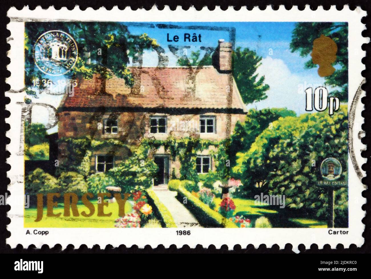 JERSEY - CIRCA 1986: a stamp printed in Jersey shows Le Rat cottage ...