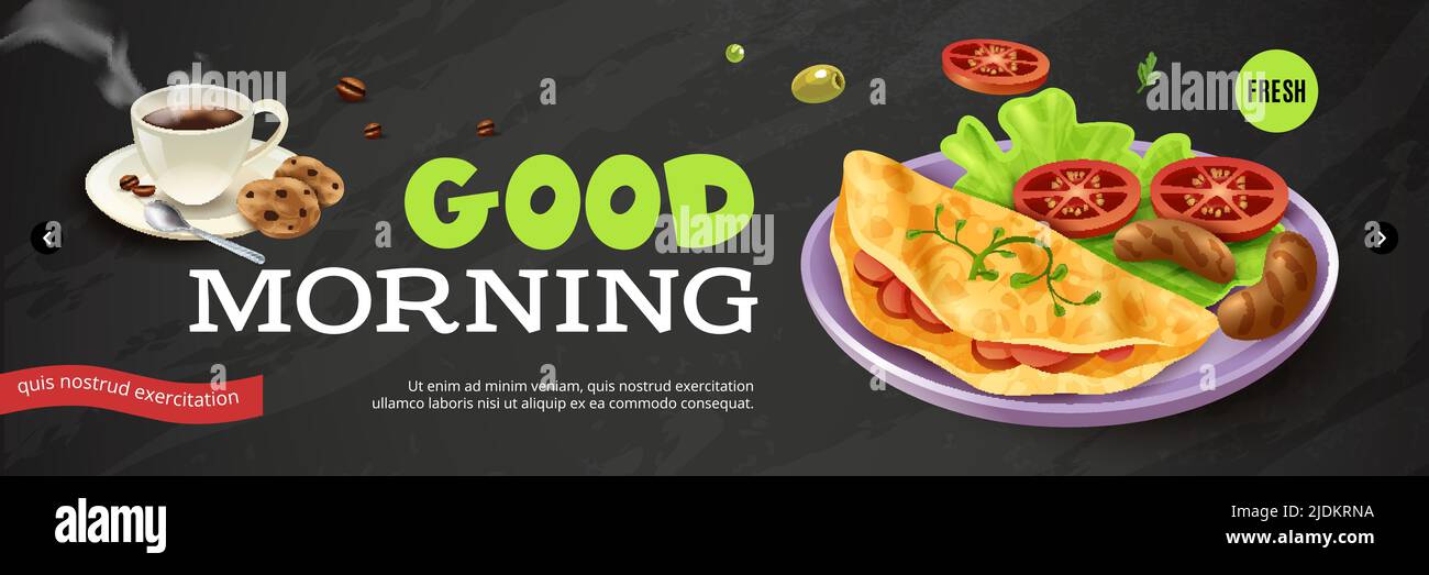 Good Morning ad poster with cup of coffee cookies and plate with ...