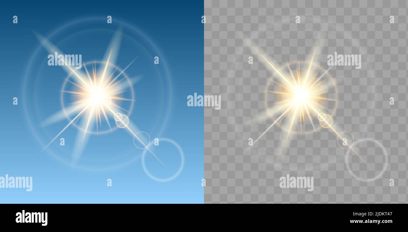 Two sun effect in blue sky composition set with abstract lights on sky ...