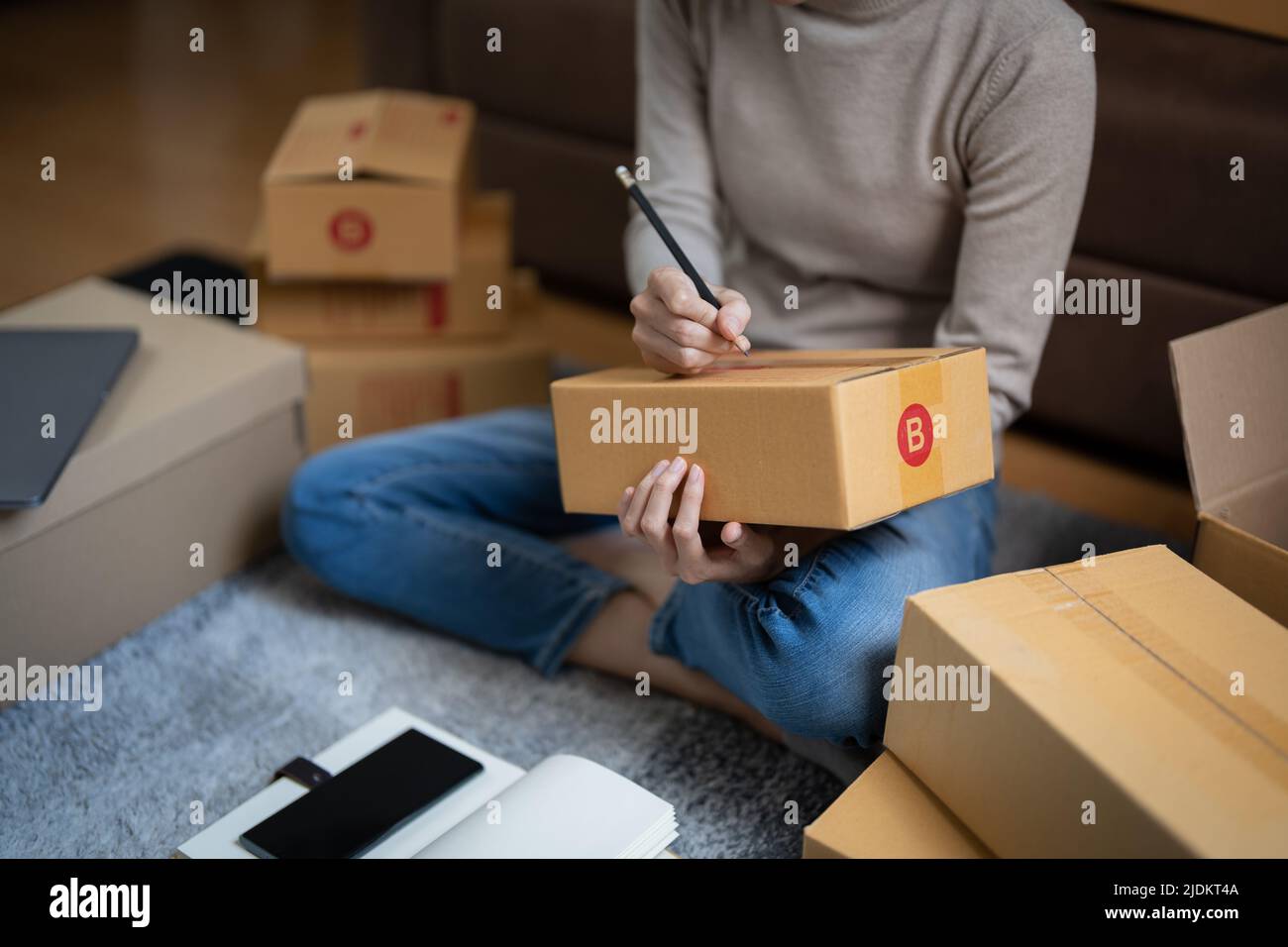 Young woman small business owner online shopping at home. confirm ...