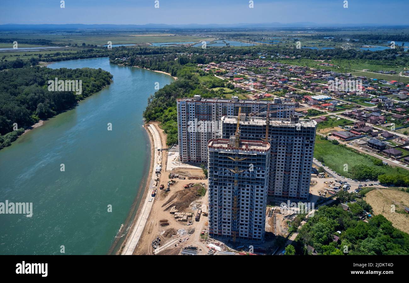view from the height of the construction of a high-rise building by the ...