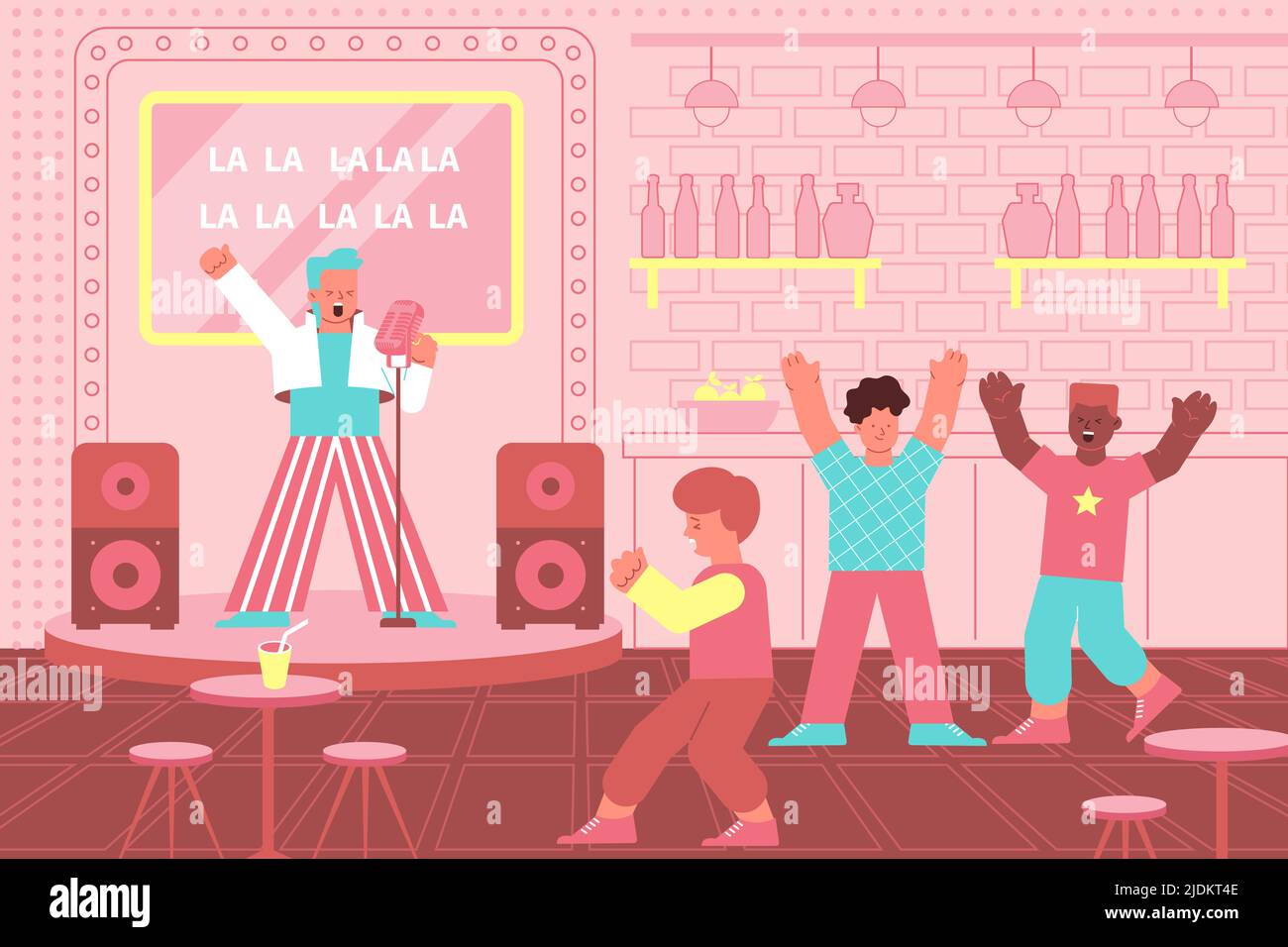 Karaoke singer composition with bar interior and flat characters of ...