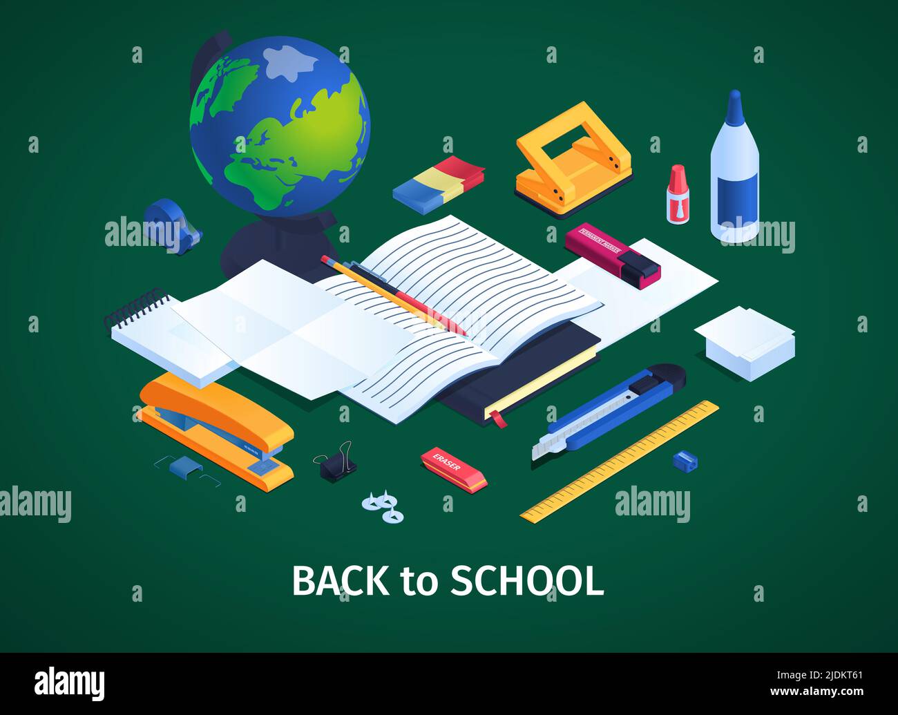 School stationery concept with back to school symbols isometric vector ...