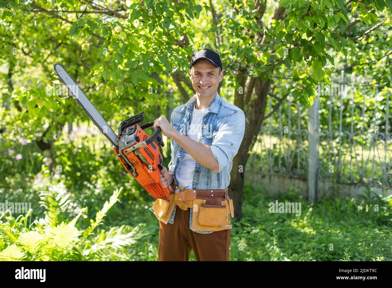 a man with a chainsaw. removes plantings in the garden from old trees ...