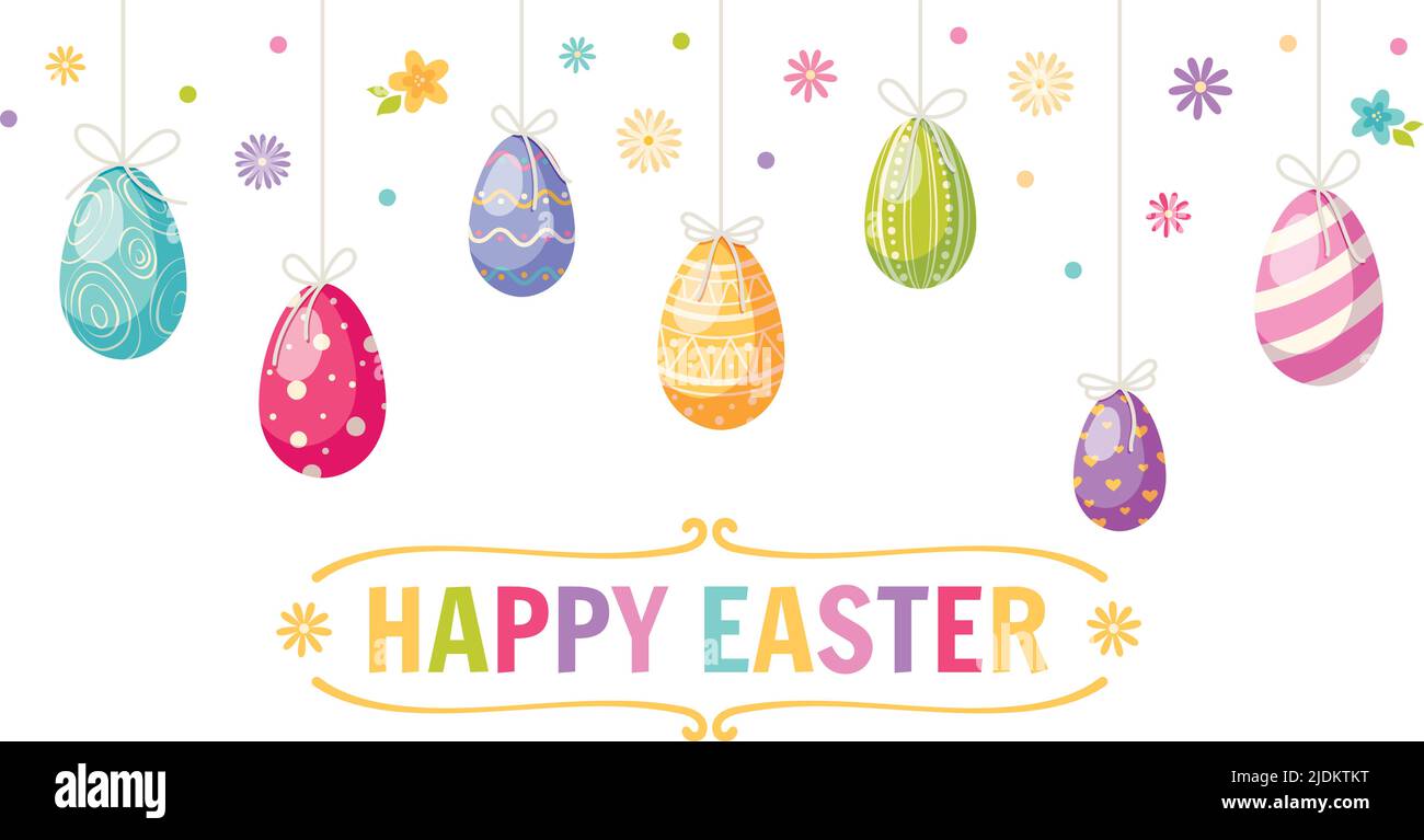 Happy Easter cartoon background with colored eggs and flowers vector ...