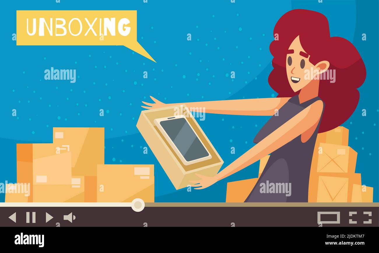 Woman video blogger unboxing package with tablet live cartoon vector ...