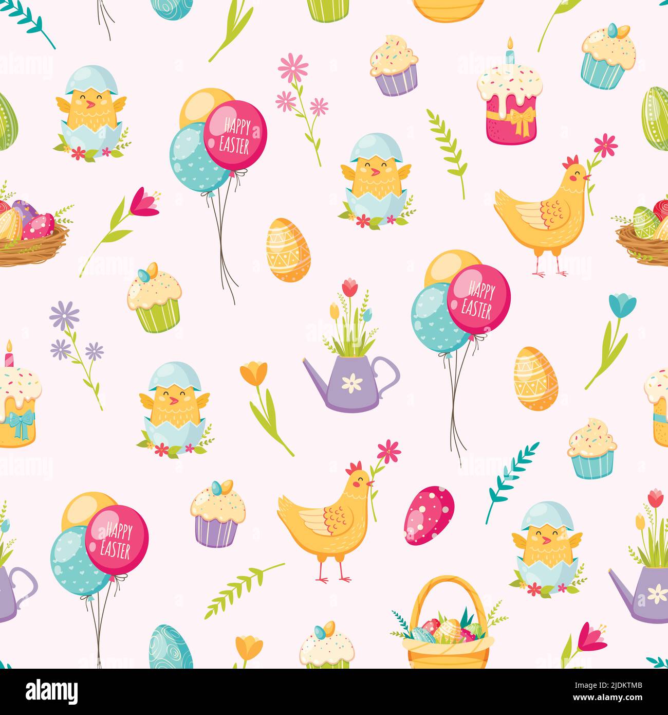 Easter cartoon seamless pattern with cake balloons and eggs vector ...