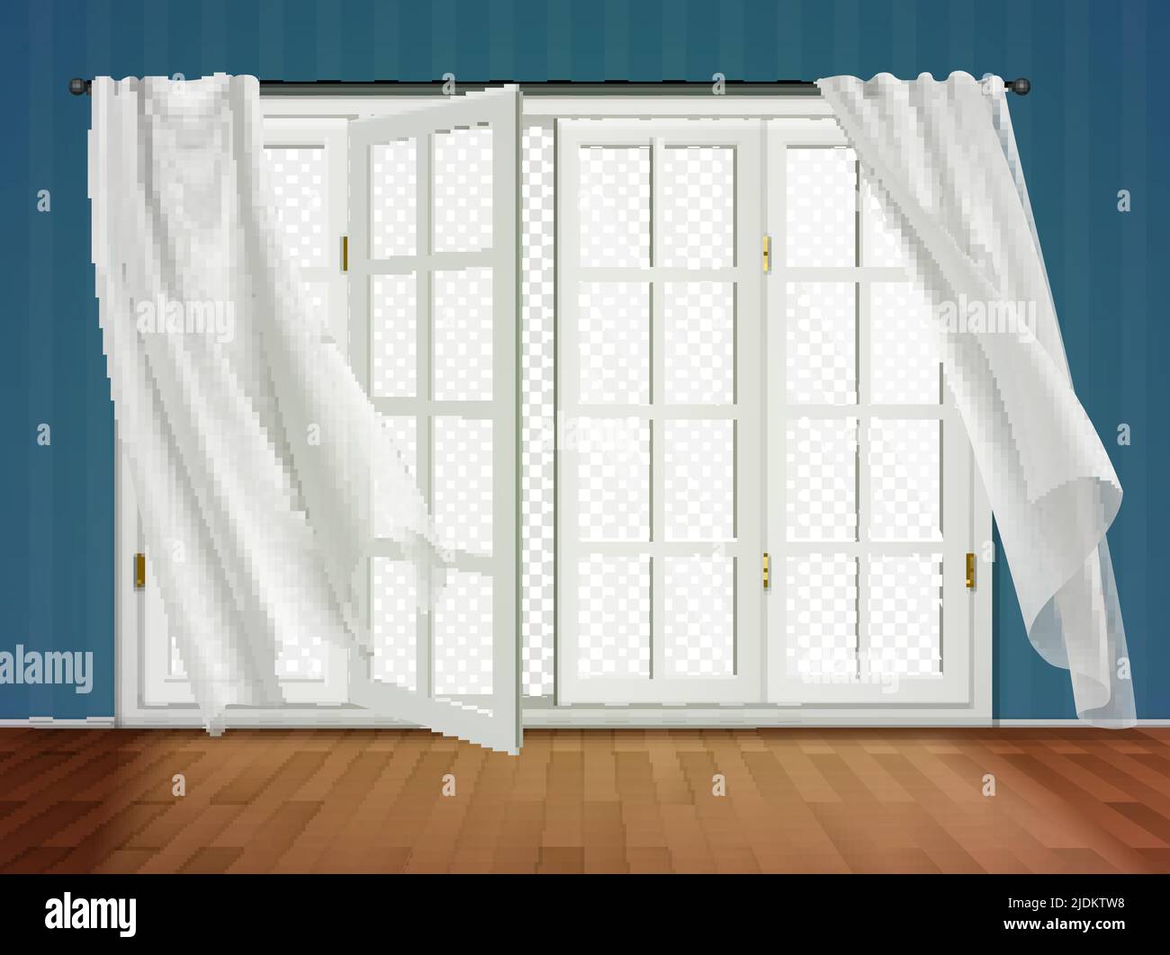 Open window billowing curtains indoor composition with transparent view ...