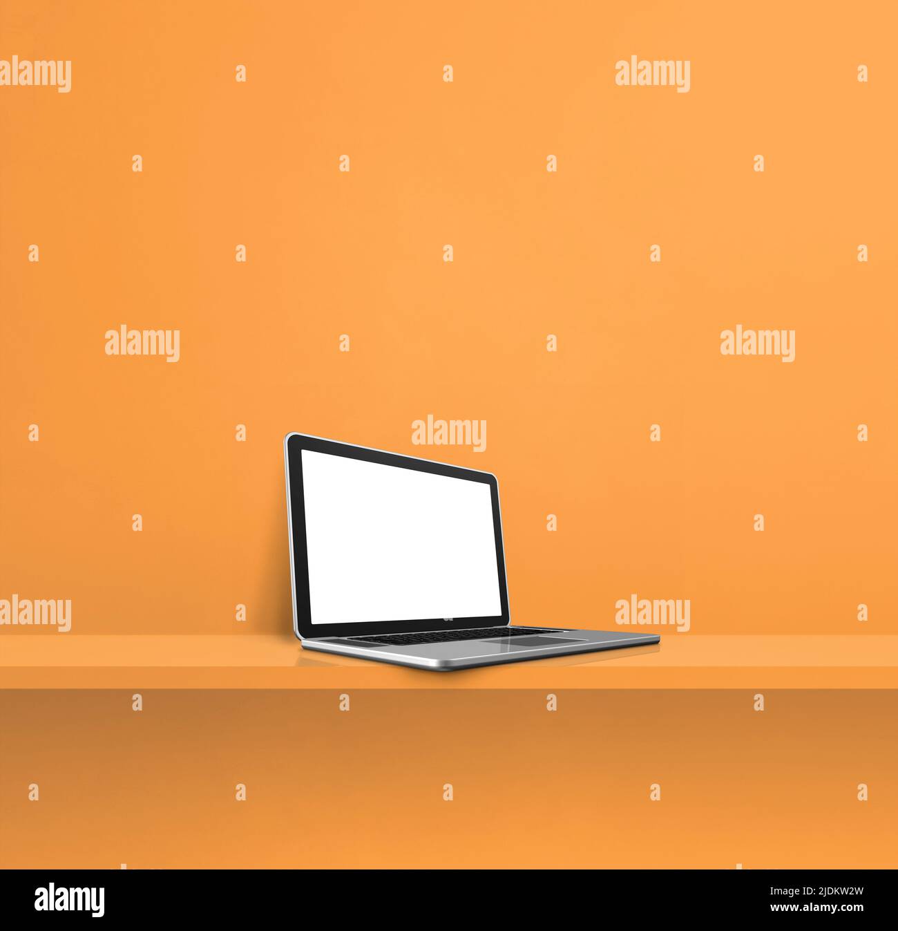 Laptop computer on orange shelf. Square background. 3D Illustration ...