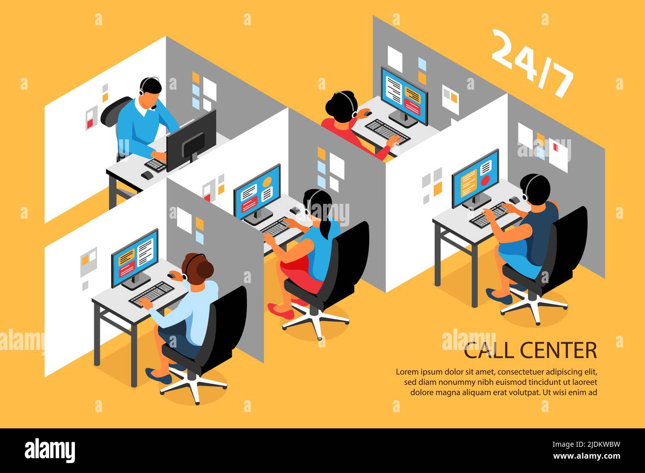 Call center interior isometric composition with customer support ...