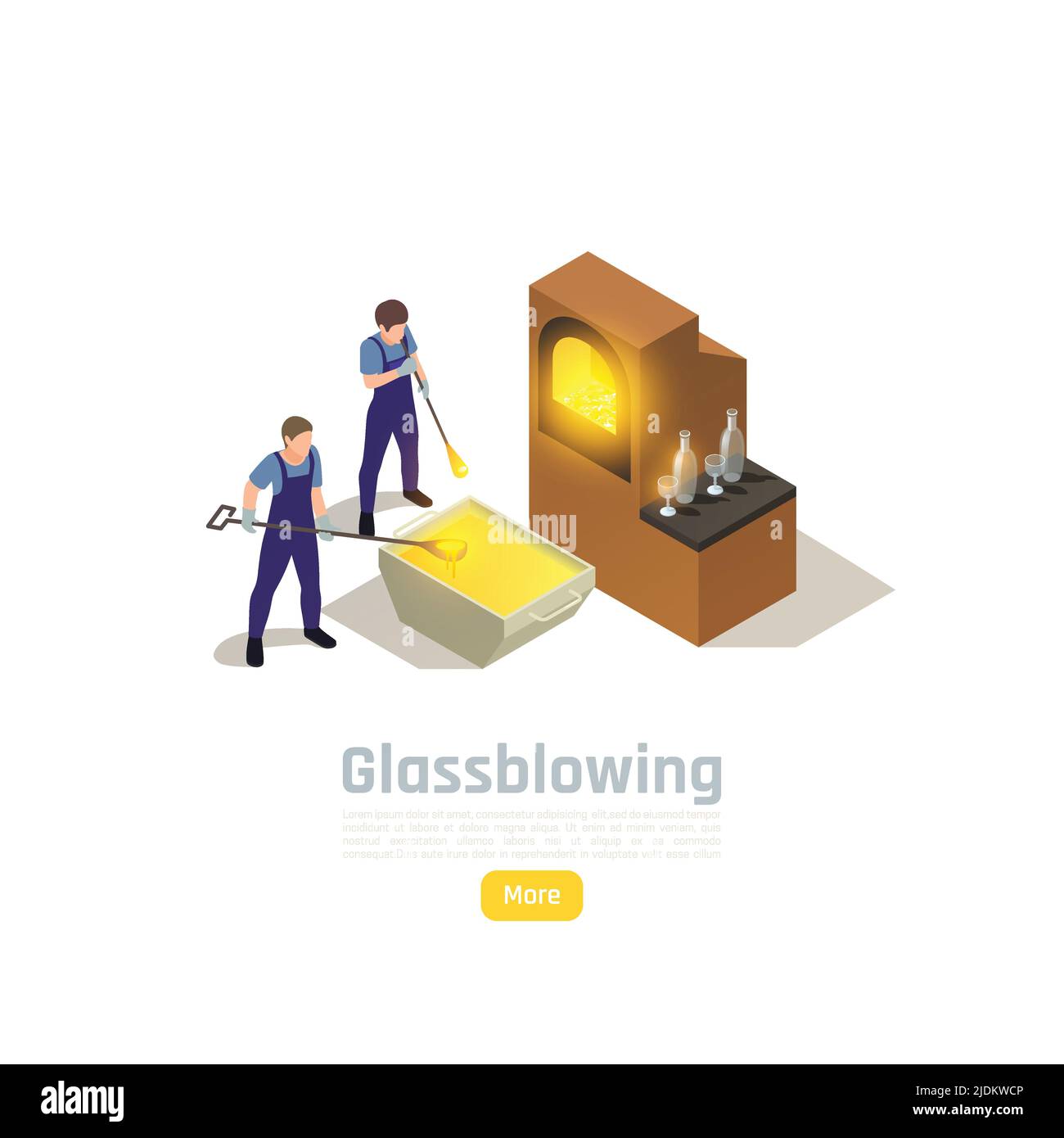 Traditional glass manufacture isometric composition with furnace molted ...