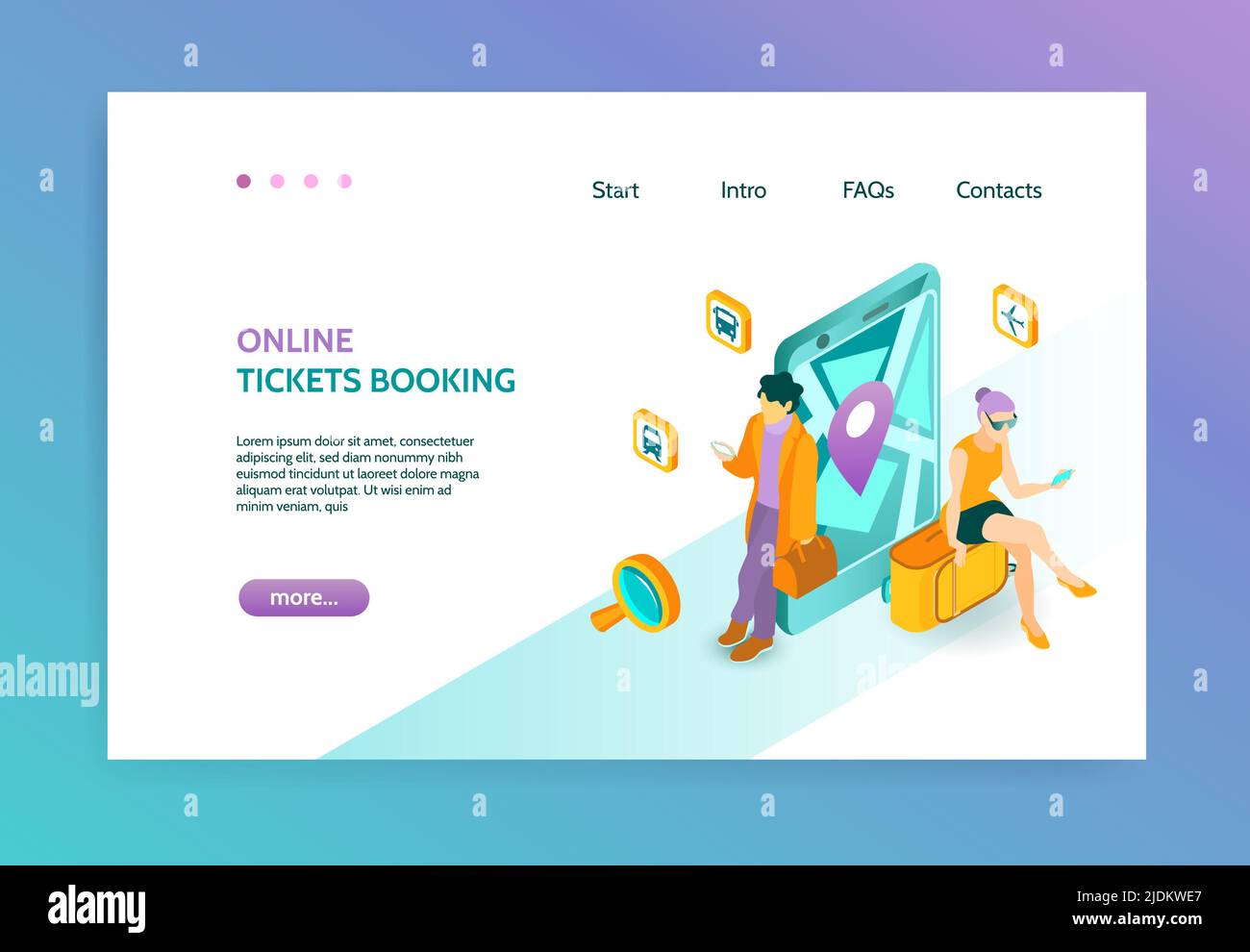 Online booking isometric landing page with people who book tickets with ...
