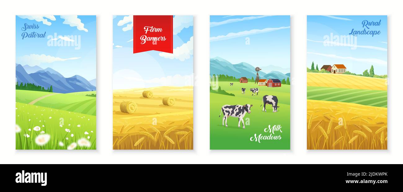 Realistic banners set with summer farm landscapes and cows on field ...