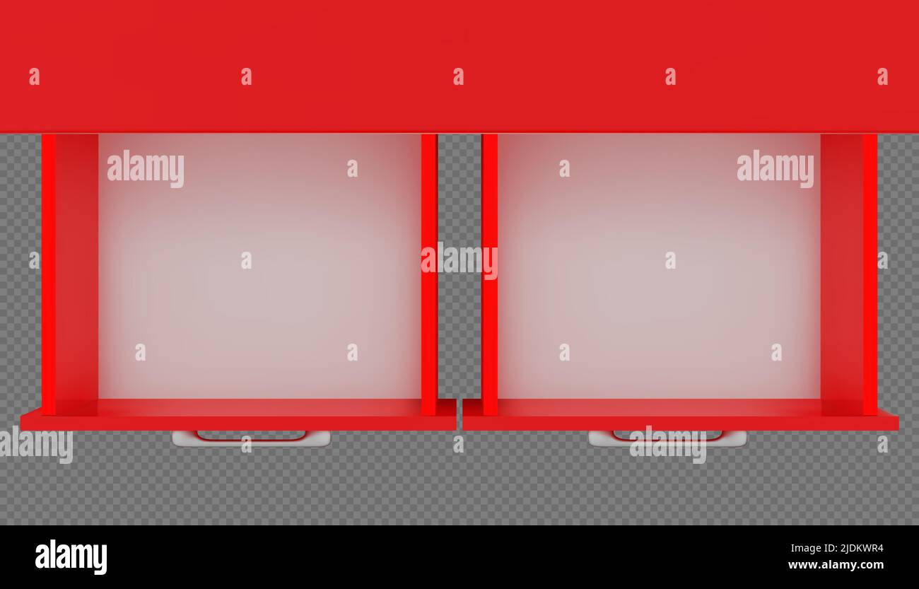 Top view of two red empty open side by side drawers of cabinet ...
