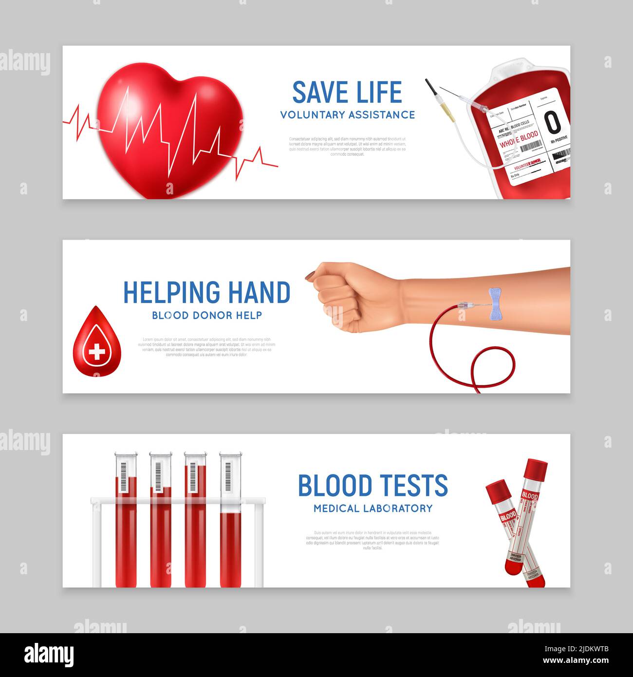 Realistic horizontal banners set with hand of donor and tubes with ...