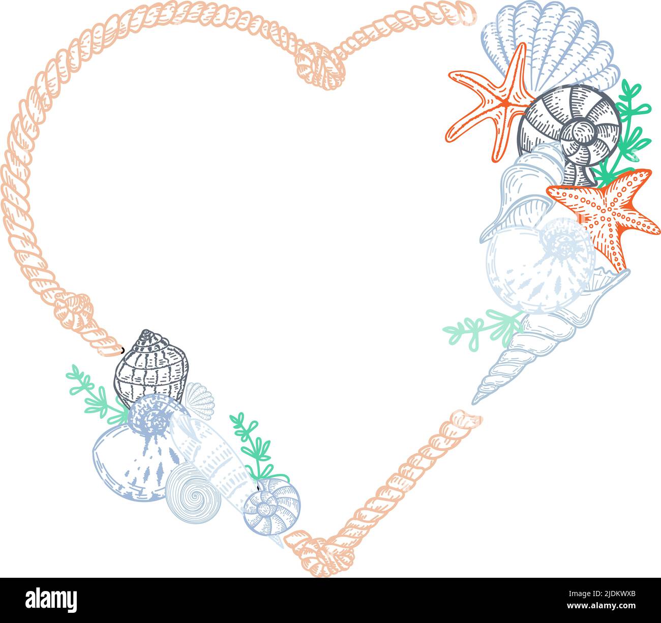 Heart-shaped frame in a nautical style, hand-drawn elements in sketch ...