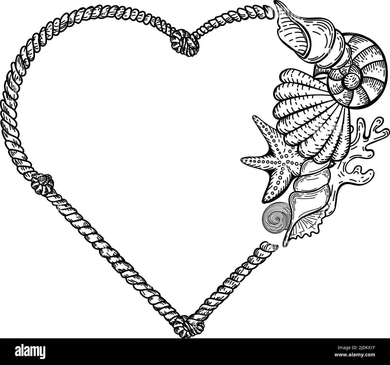 Heart-shaped frame in a nautical style, hand-drawn doodle elements in ...