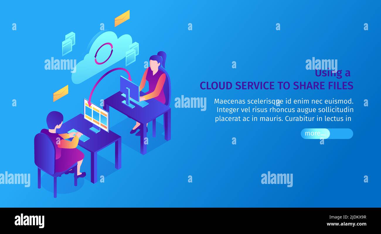 Isometric cloud service horizontal banner with people at computer desks ...