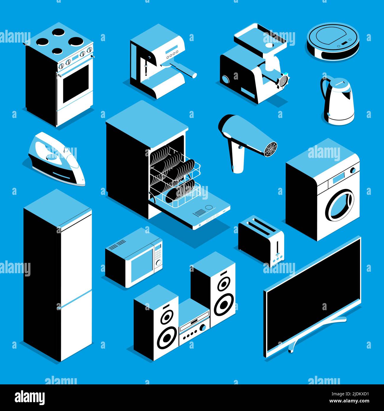 Isometric household appliances tree colors set with isolated images of ...
