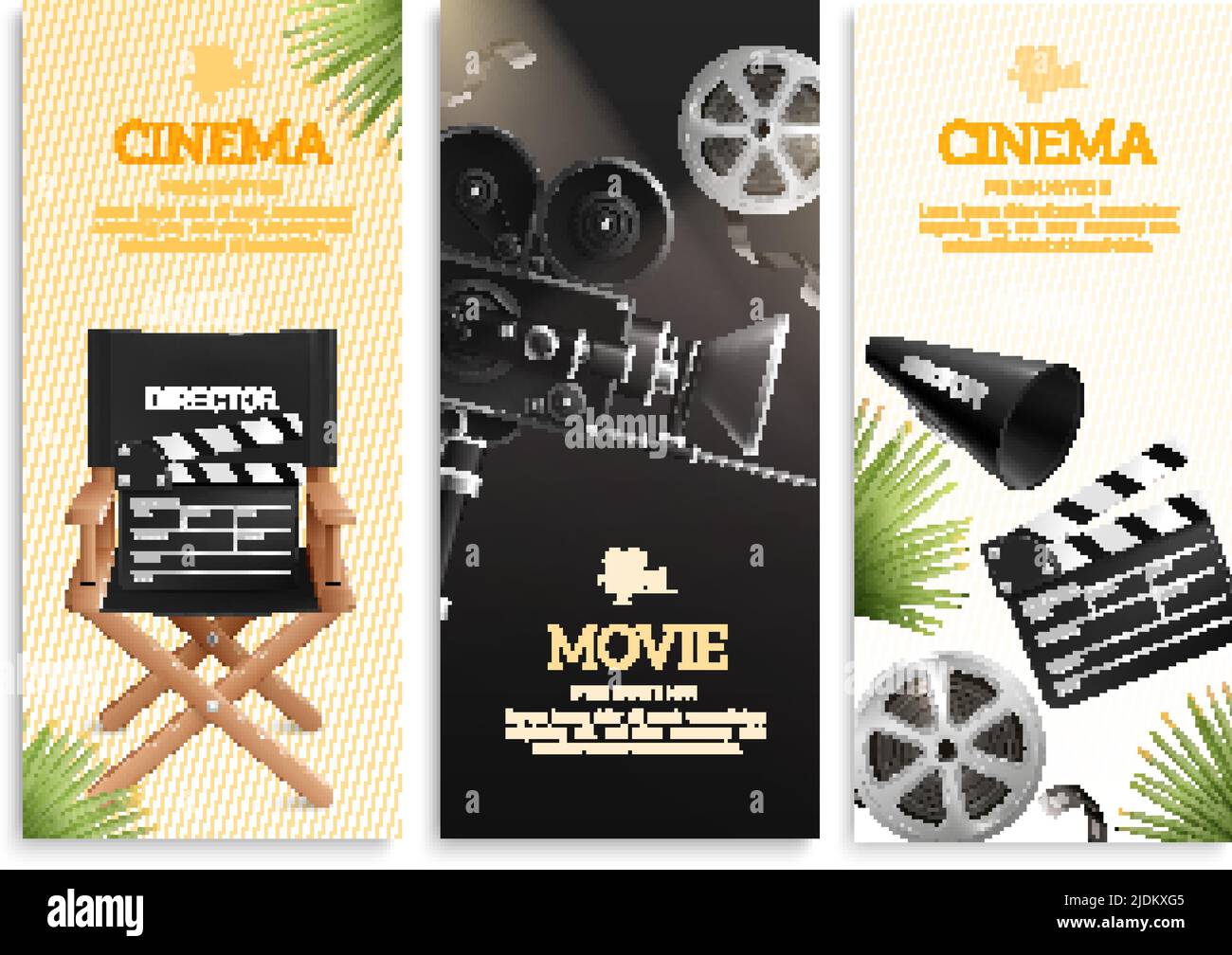 Set of three isolated cinema film production realistic vertical banners ...