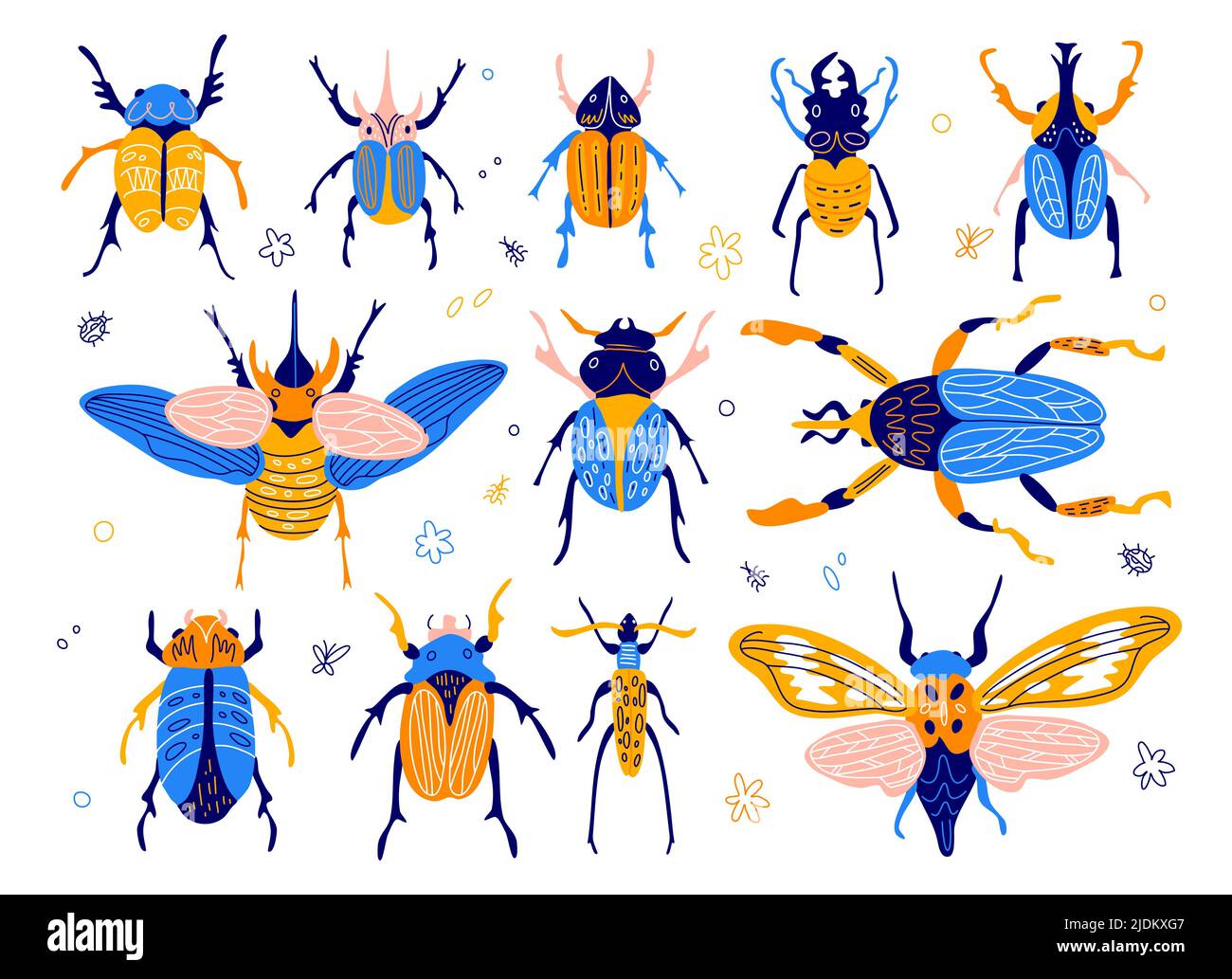 Trendy insects. Funny colorful bugs, abstract geometry patterns bright colors, different types ...
