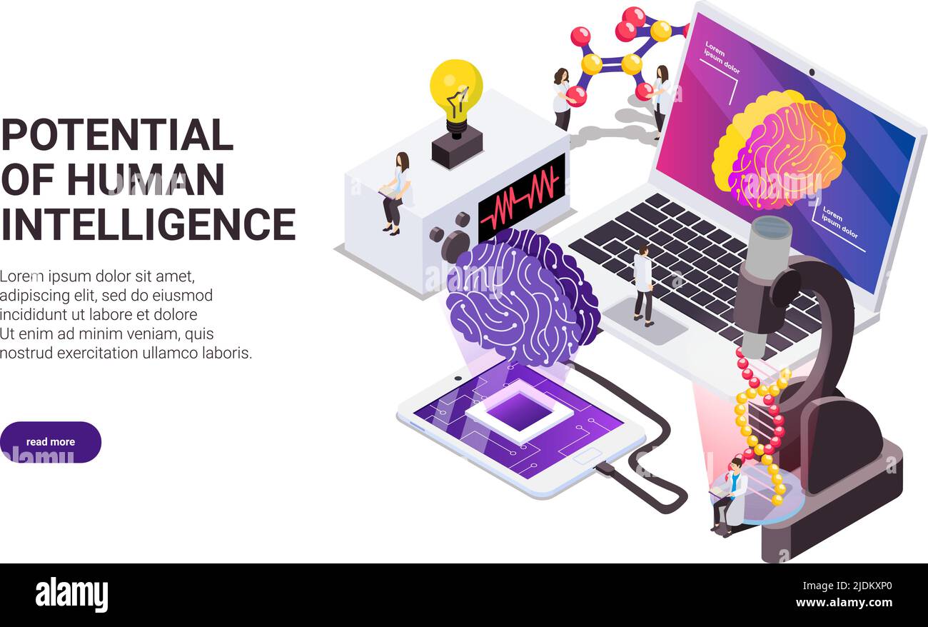 Science isometric background with editable text read more button and ...