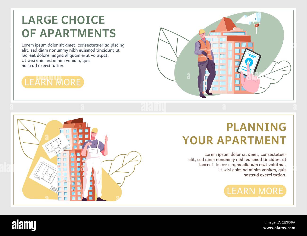 Horizontal new buildings banner set with large choice of apartments and ...
