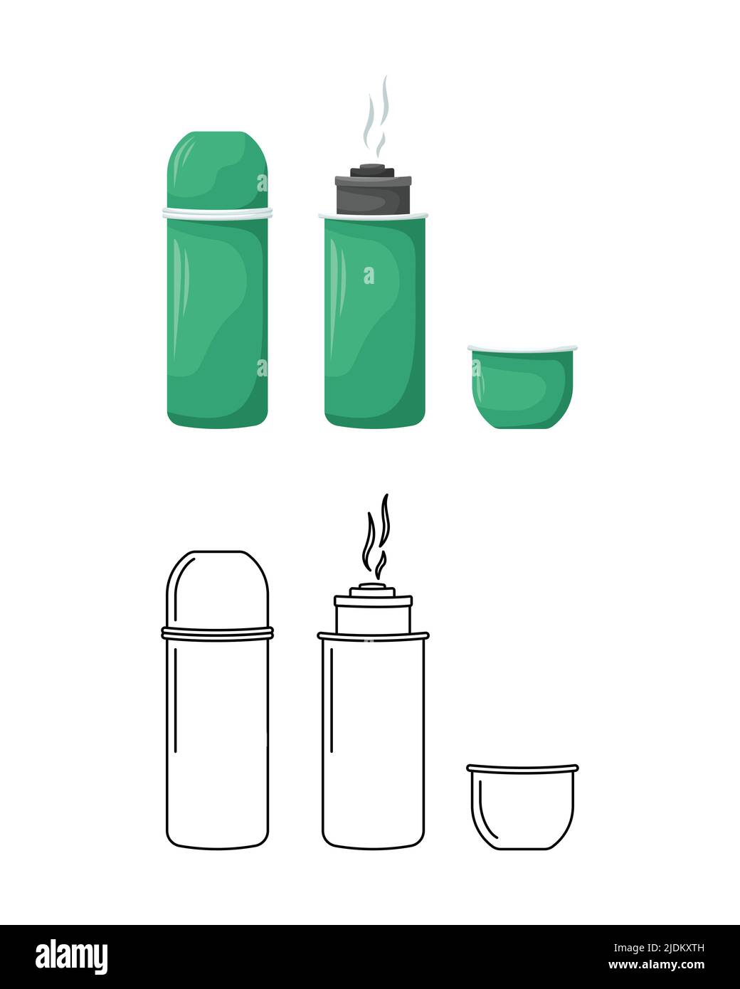 Vector illustration of a thermos in two styles: flat and outline Stock ...