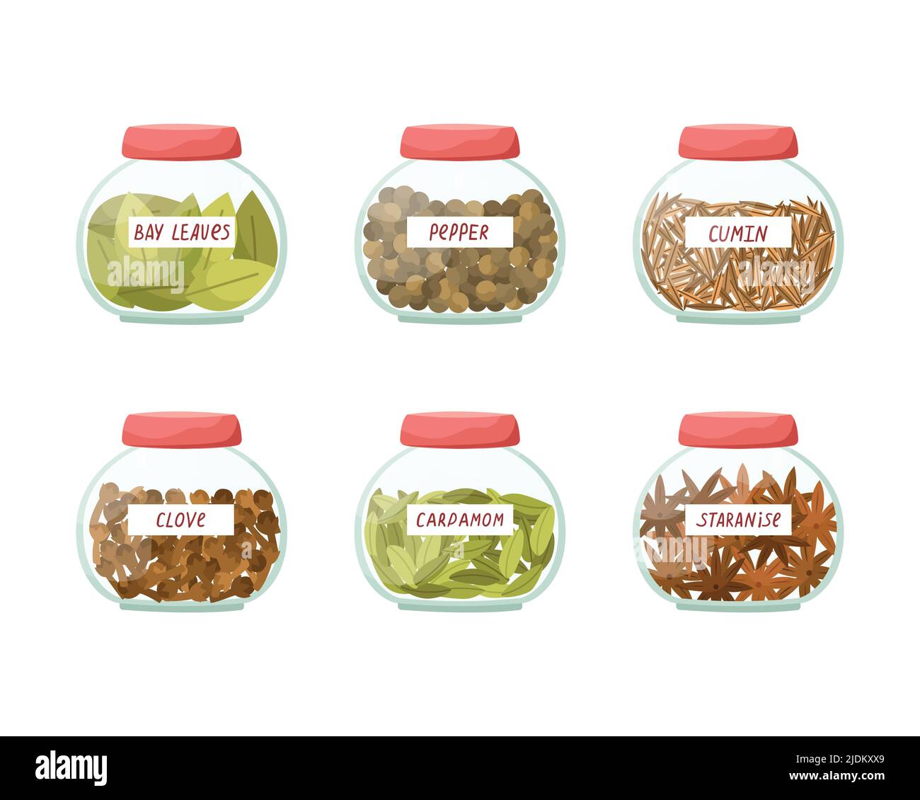 Vector set of illustrations of glass jars with spices. Cumin, cardamom ...