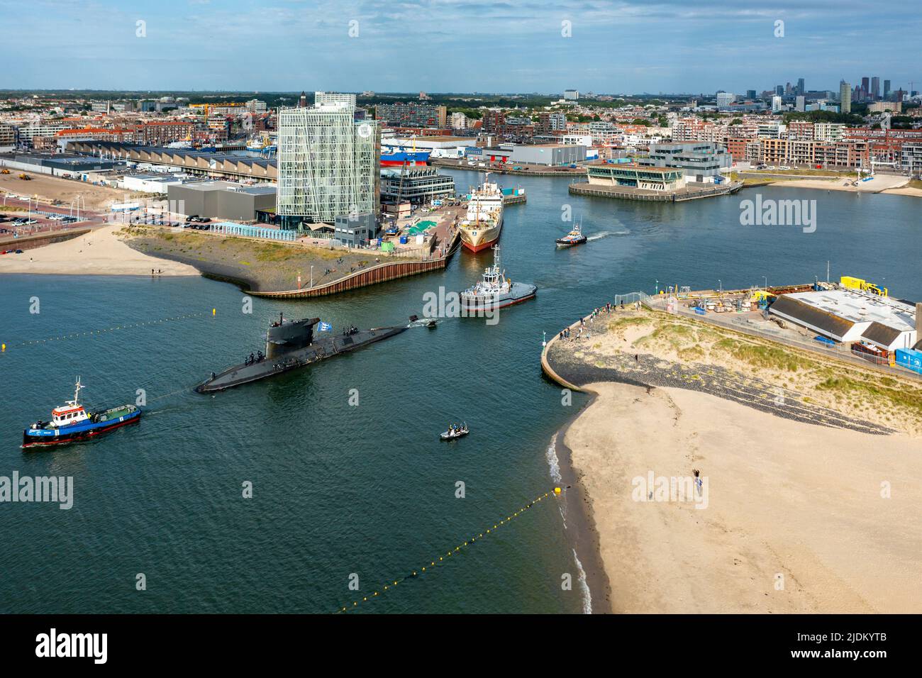 Aerial view of Zr. Ms.Zeeleeuw submarine leaving Scheveningen Harbor ...